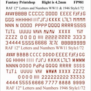 RAF 12" Serial Numbers and Letters WWII and 1946 - FP981 1/72 scale