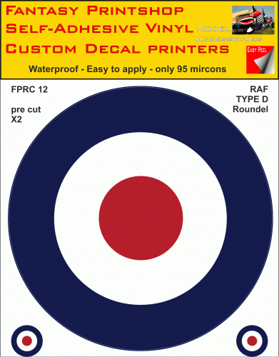 FPRC012 RAF TYPE D Roundels 75mm - 200mm on Vinyl stickers decals