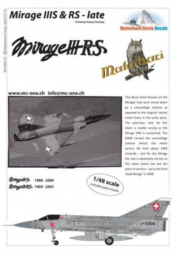Matterhorn Circle 48015 Mirage IIIS & RS late Decals for model kits