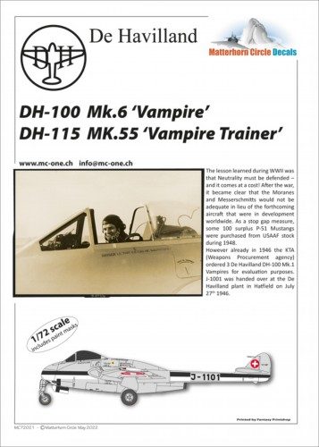 Matterhorn Circle DH-100 MK.6 Vampire MC72021 Decals