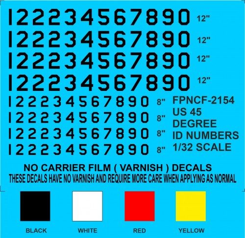 FPNCF-2154 US 45 DEGREE 8 and 12″ NUMBERS 1/32 SCALE DECALS