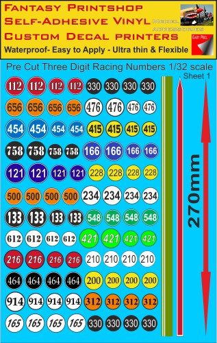 Scalextric Slot car Pre Cut Stickers Three Digit Racing Number sheet 1